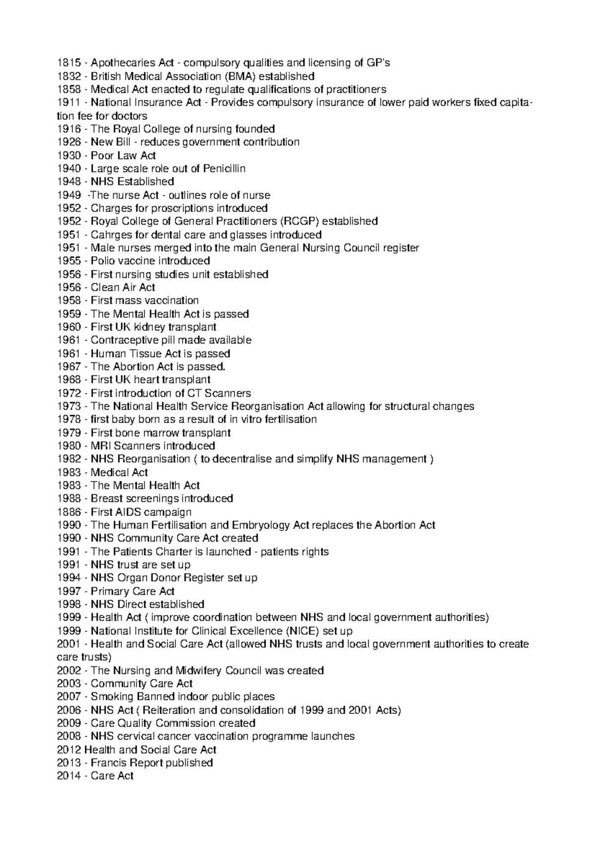 NHS Timeline datesS - 1815 - Apothecaries Act - compulsory qualities ...