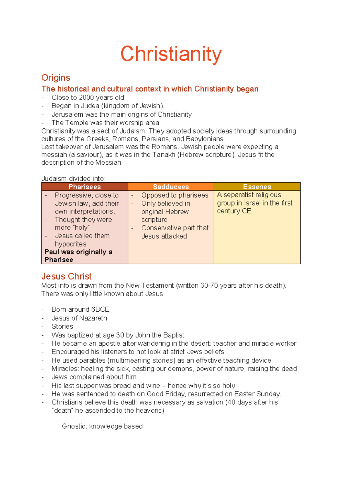 Christianity Notes - Christianity Origins The historical and cultural ...