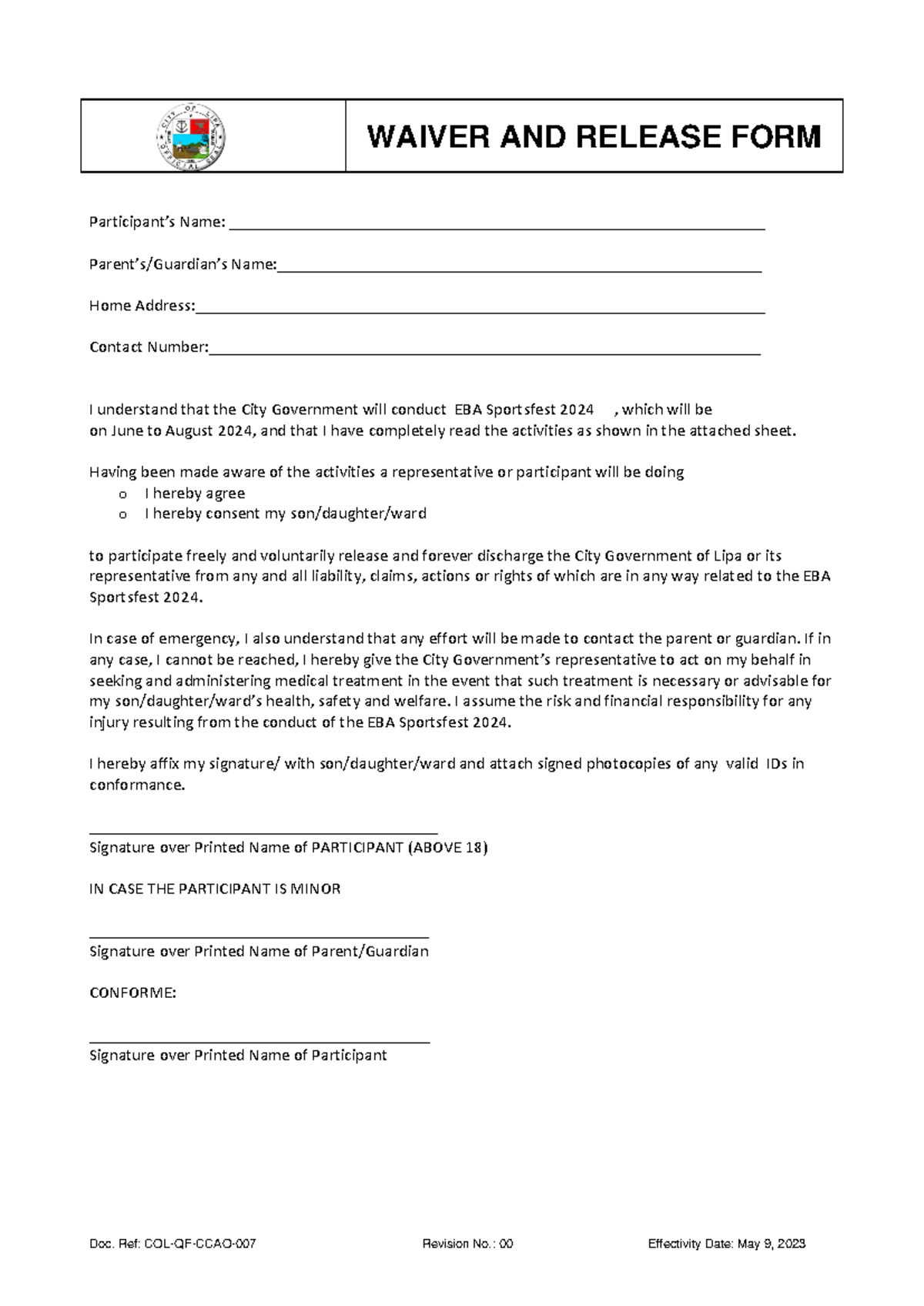 11 Waiver and Release Form - Doc. Ref: COL-QF-CCAO- 007 Revision No ...