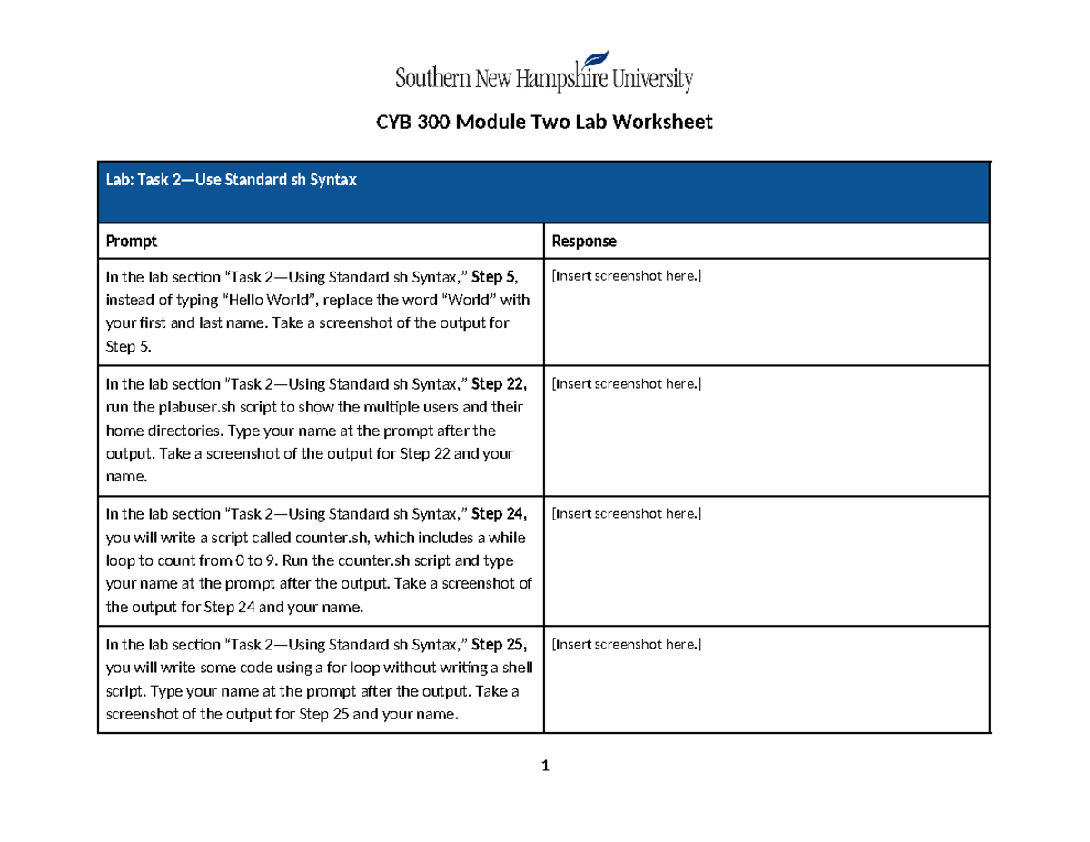 CYB 300 Module Two Lab Worksheet - CYB 300 Module Two Lab Worksheet Lab: Task 2—Use Standard sh ...