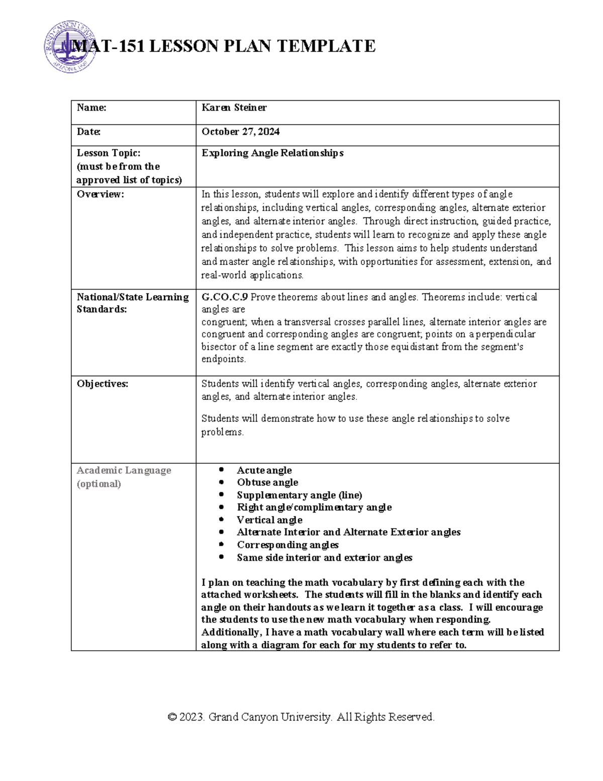 Exploring Angle Relationships Lesson Plan - MAT-151 LESSON PLAN ...
