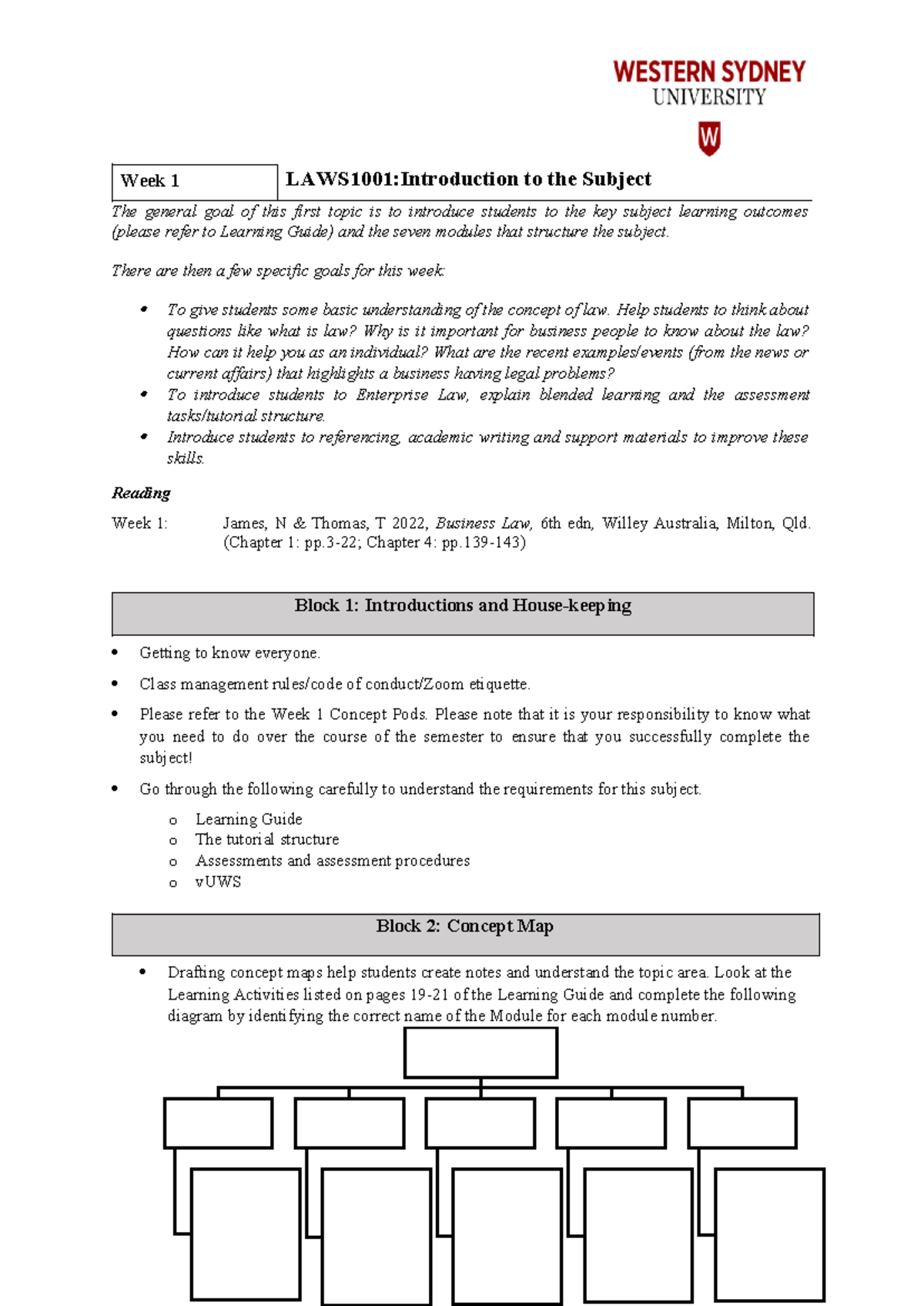 LAWS1001 Week 1 Tutorial Guide - Week 1 LAWS1001:Introduction to the Subject The general goal of ...