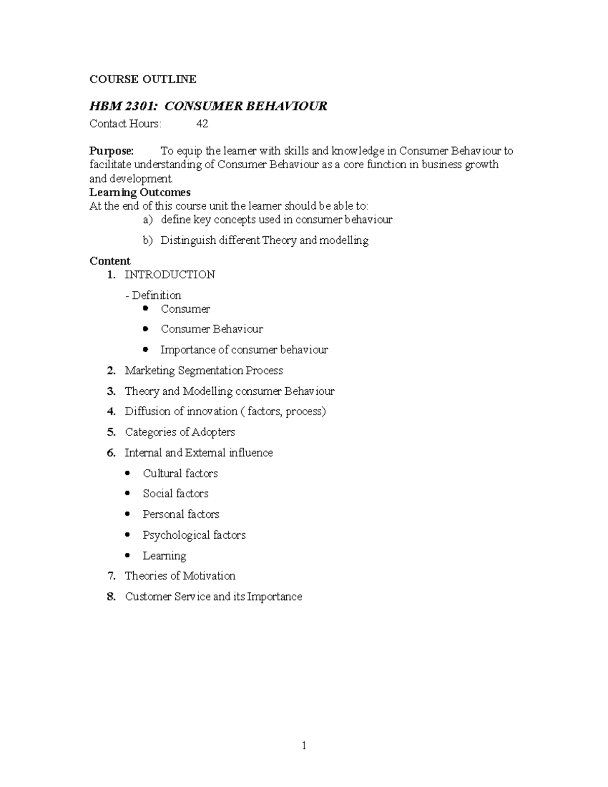 Consumer Behavior Notes - COURSE OUTLINE HBM 2301: CONSUMER BEHAVIOUR ...