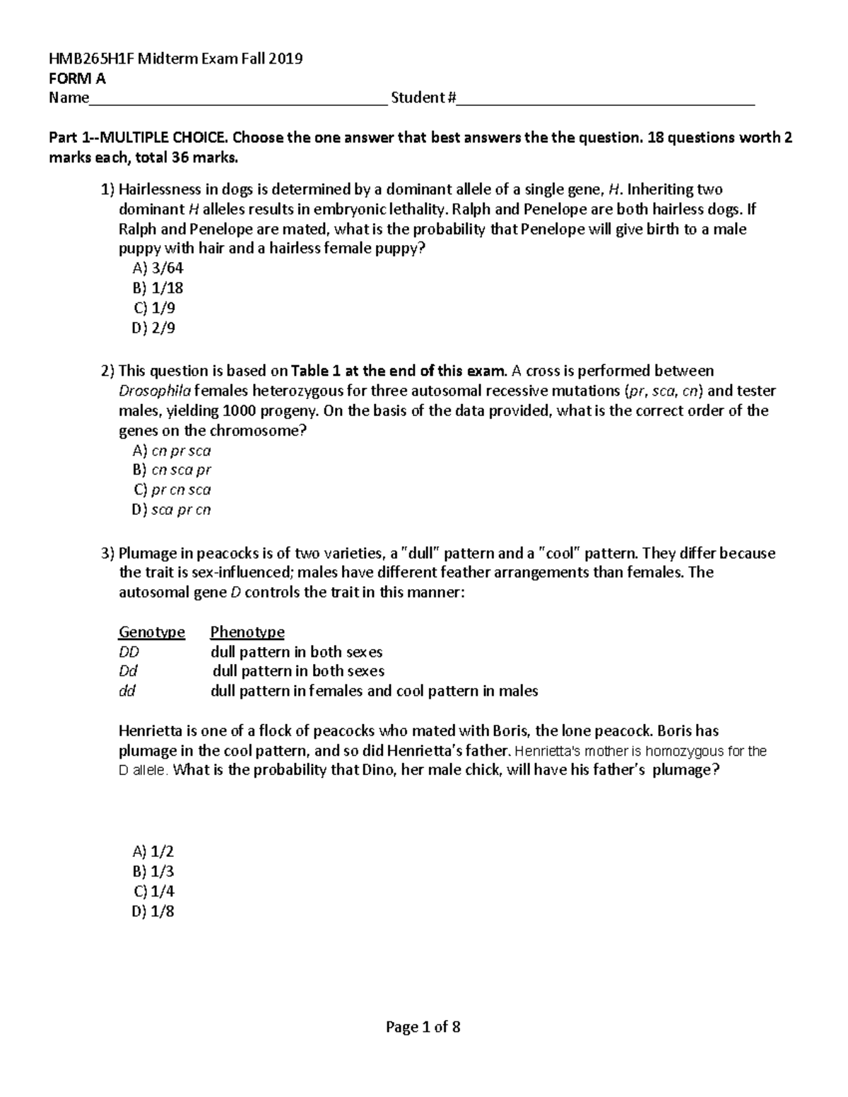 HMB265 Fall 2019 Midterm-Multiple Choice Questions with Answer Key - FORM A - Studocu