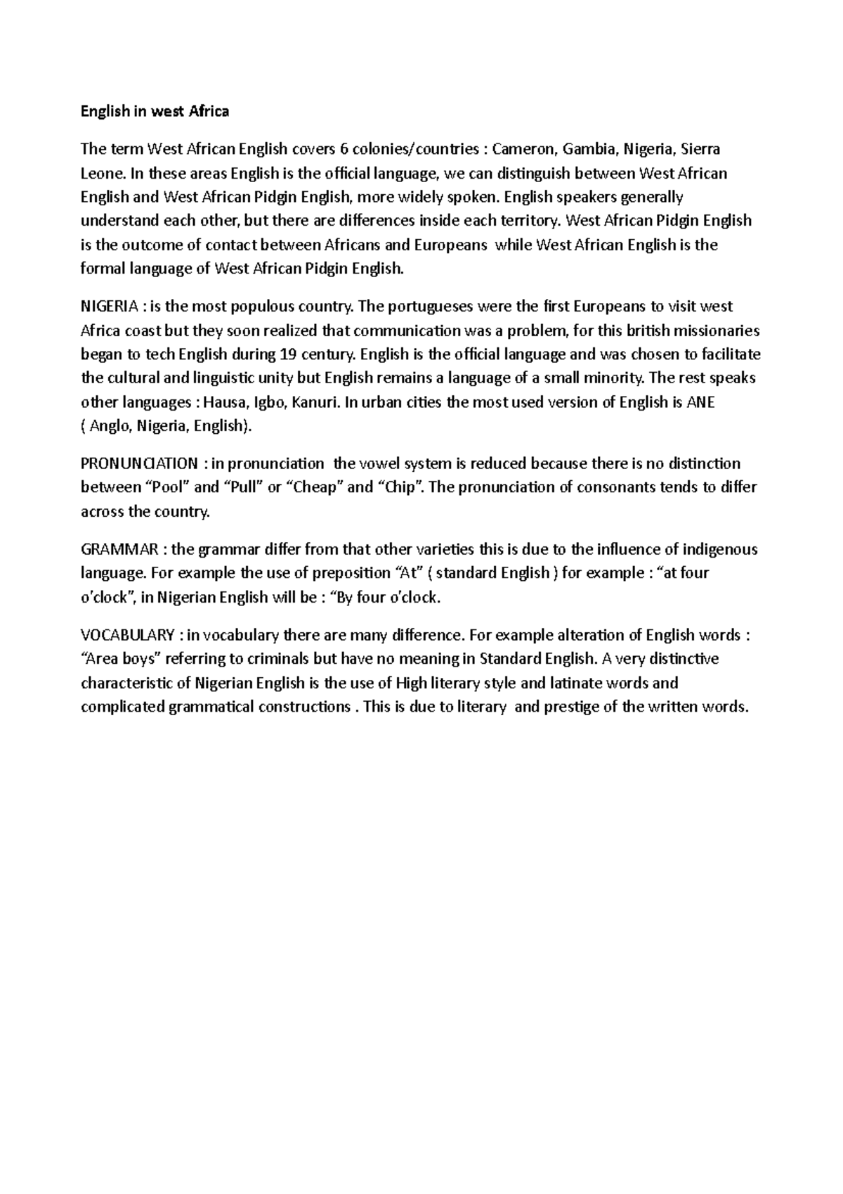 English in west Africa - Lingua inglese - Uniecampus - Studocu