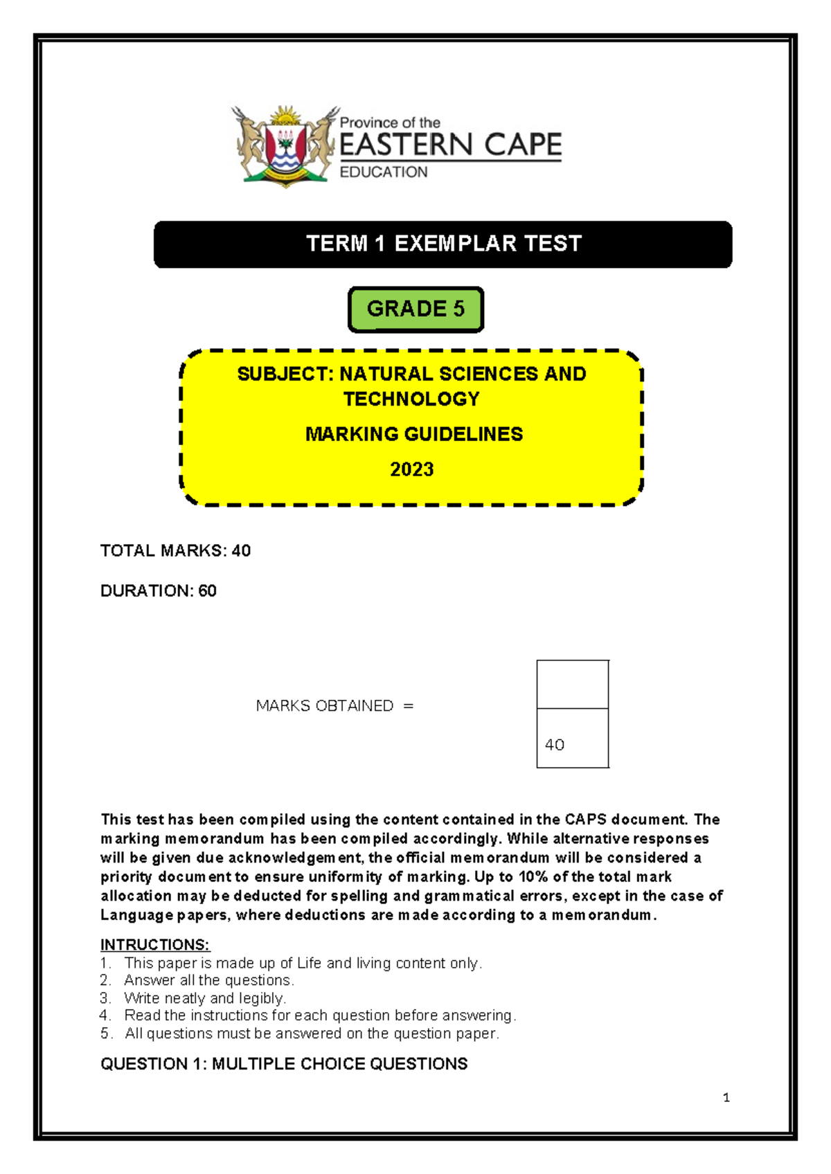 2022 Nstech Grade 5 March TEST Marking Guidelines - TOTAL MARKS: 40 ...