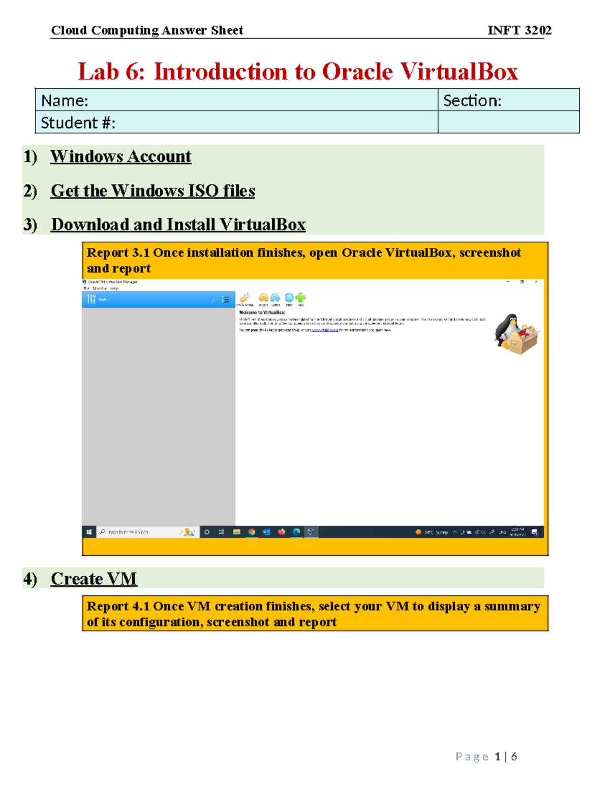 Lab 6 - Introduction to Virtual Box Answer Sheet - Lab 6: Introduction to Oracle VirtualBox Name ...