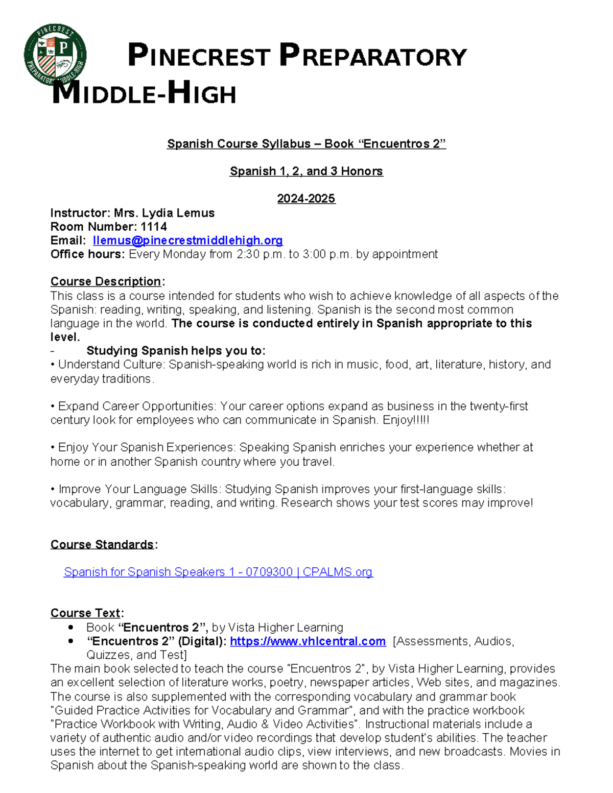 2024-2025 Syllabus Spanish 1 2 3 Honors Encuentros 2 - MIDDLE-HIGH ...