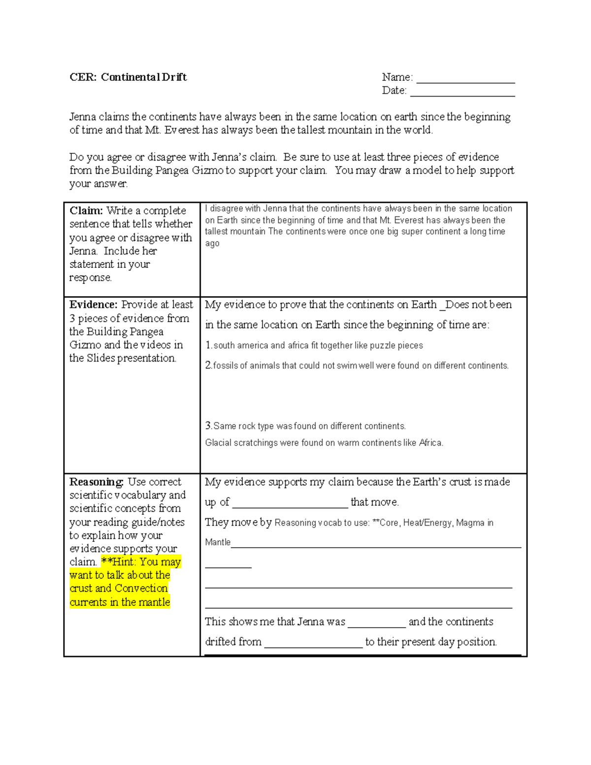 Copy of Continental Drift CER Grade level - CER: Continental Drift Name