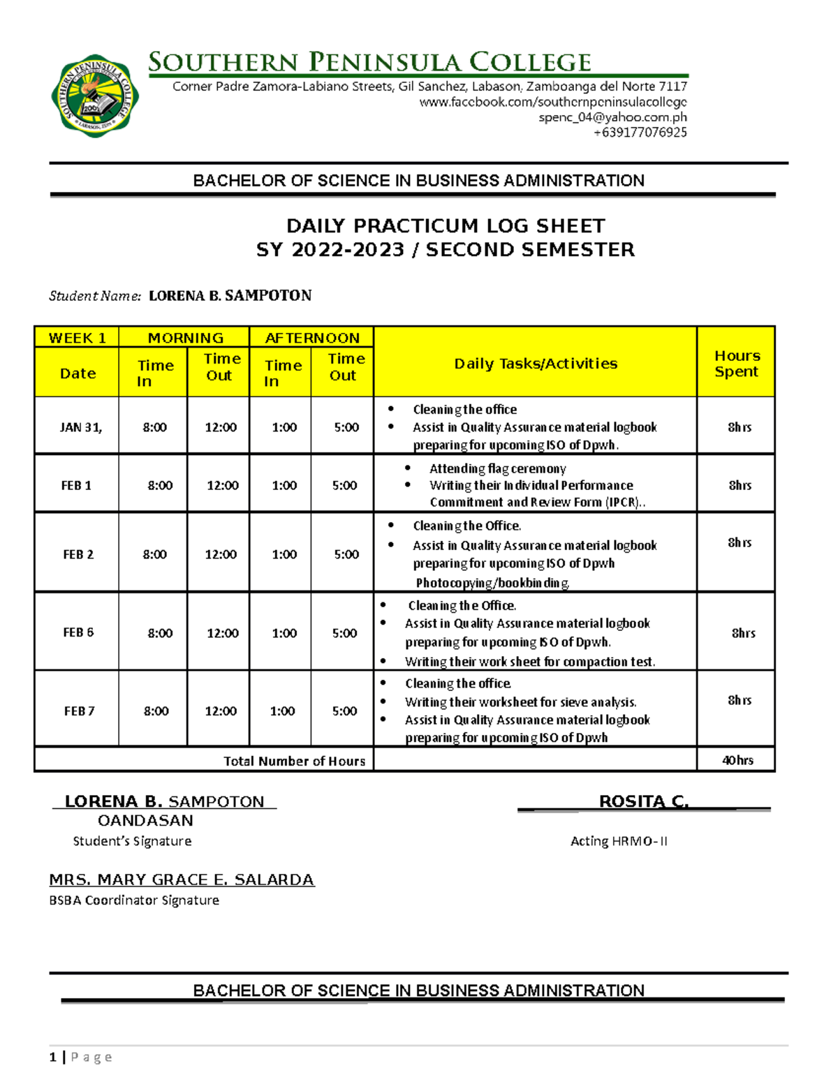 Lorena Daily Log Reports - BACHELOR OF SCIENCE IN BUSINESS ...