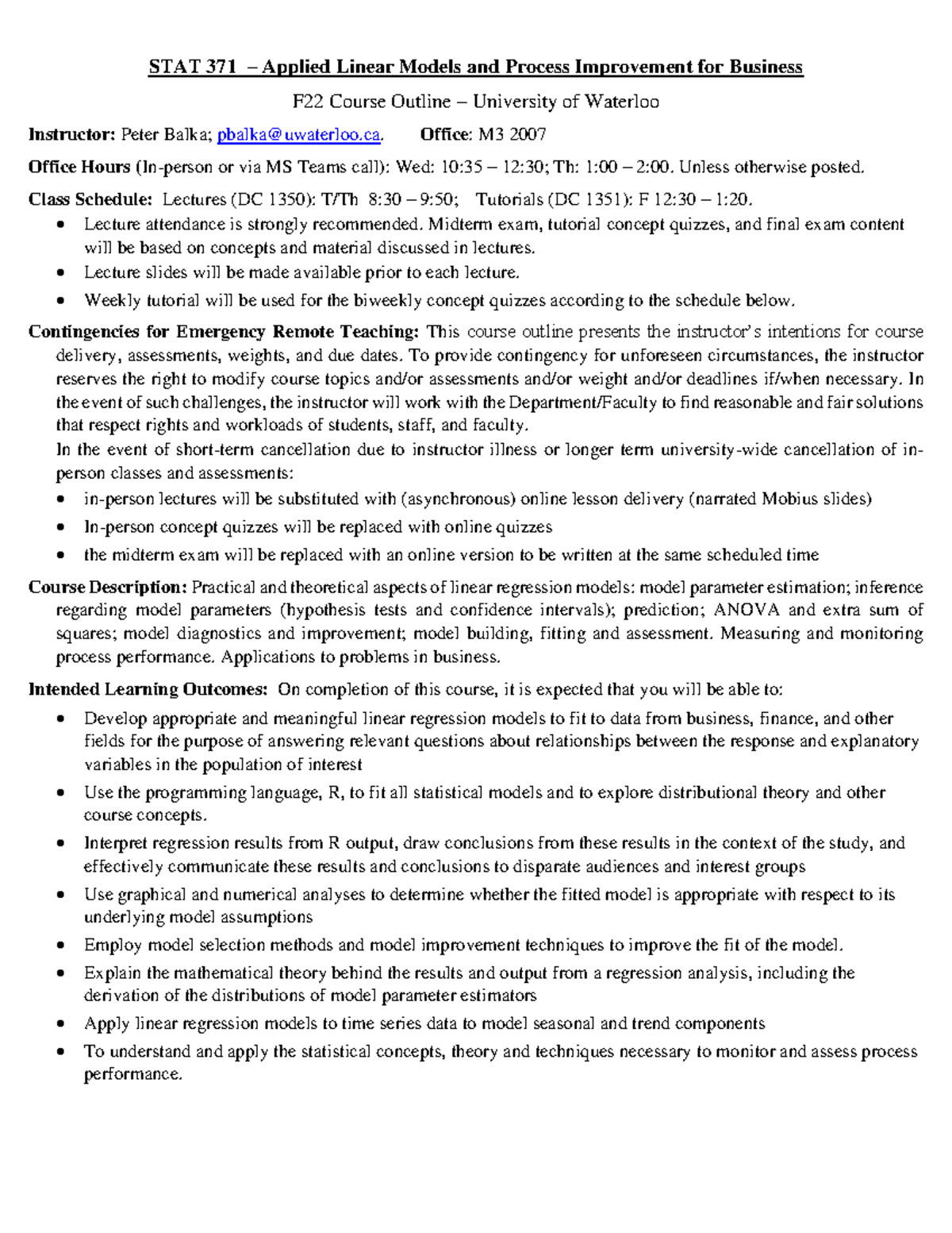 STAT 371- F22 - Outline - STAT 371 – Applied Linear Models and Process ...