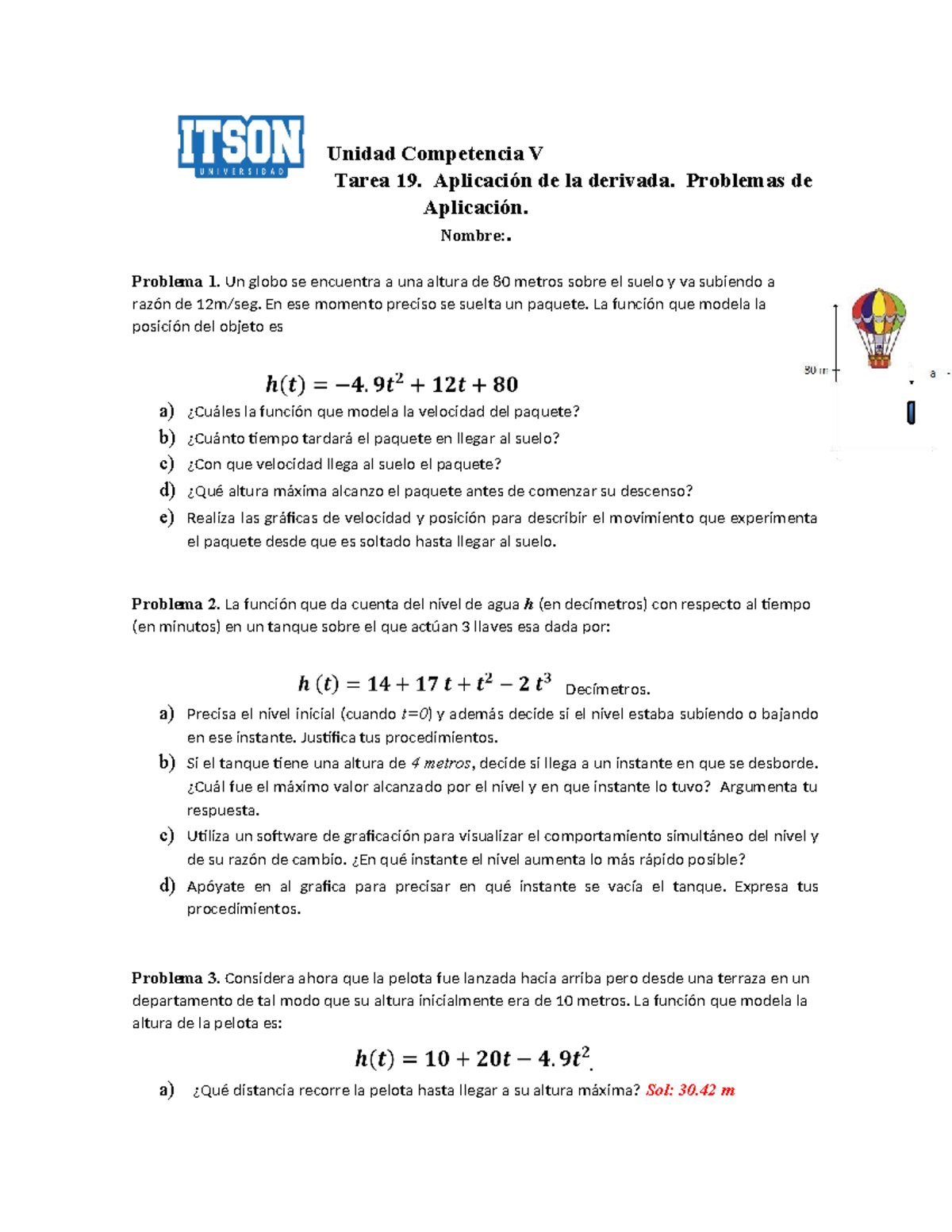 Aplicacion DE LA Derivada - Unidad Competencia V Tarea 19. Aplicación ...