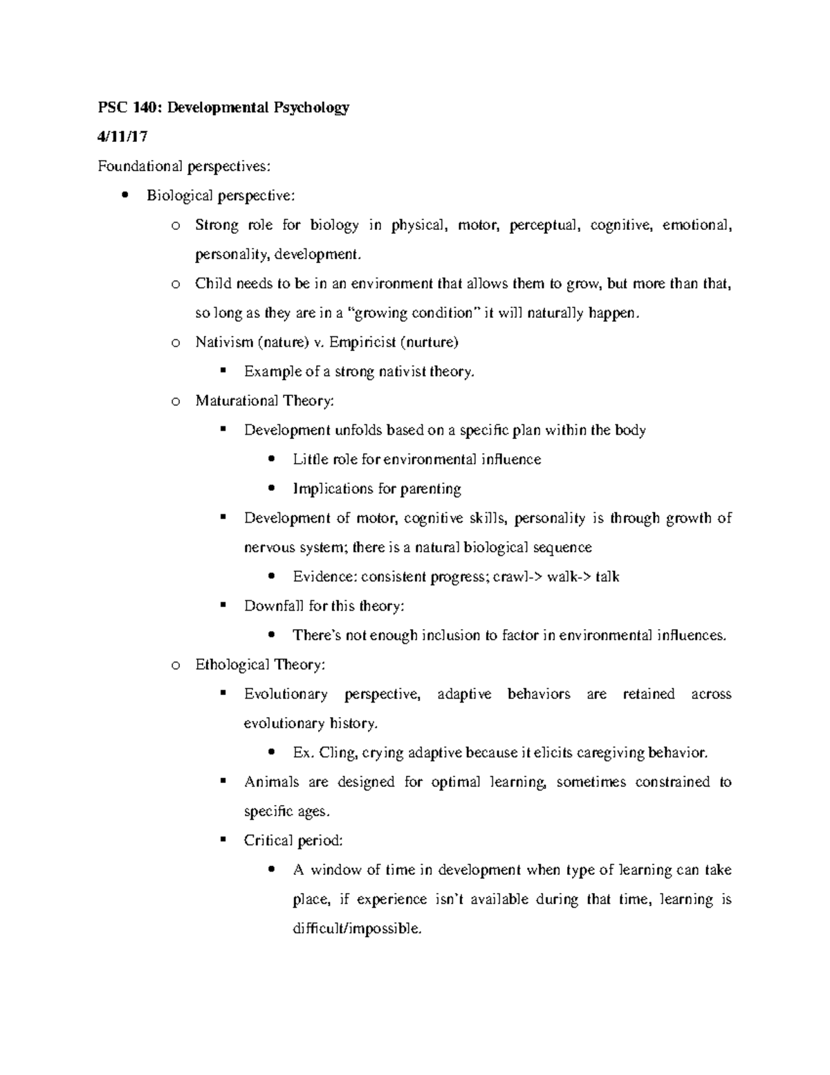 PSC 140 Notes - PSC 140: Developmental Psychology 4/11/17 Foundational ...