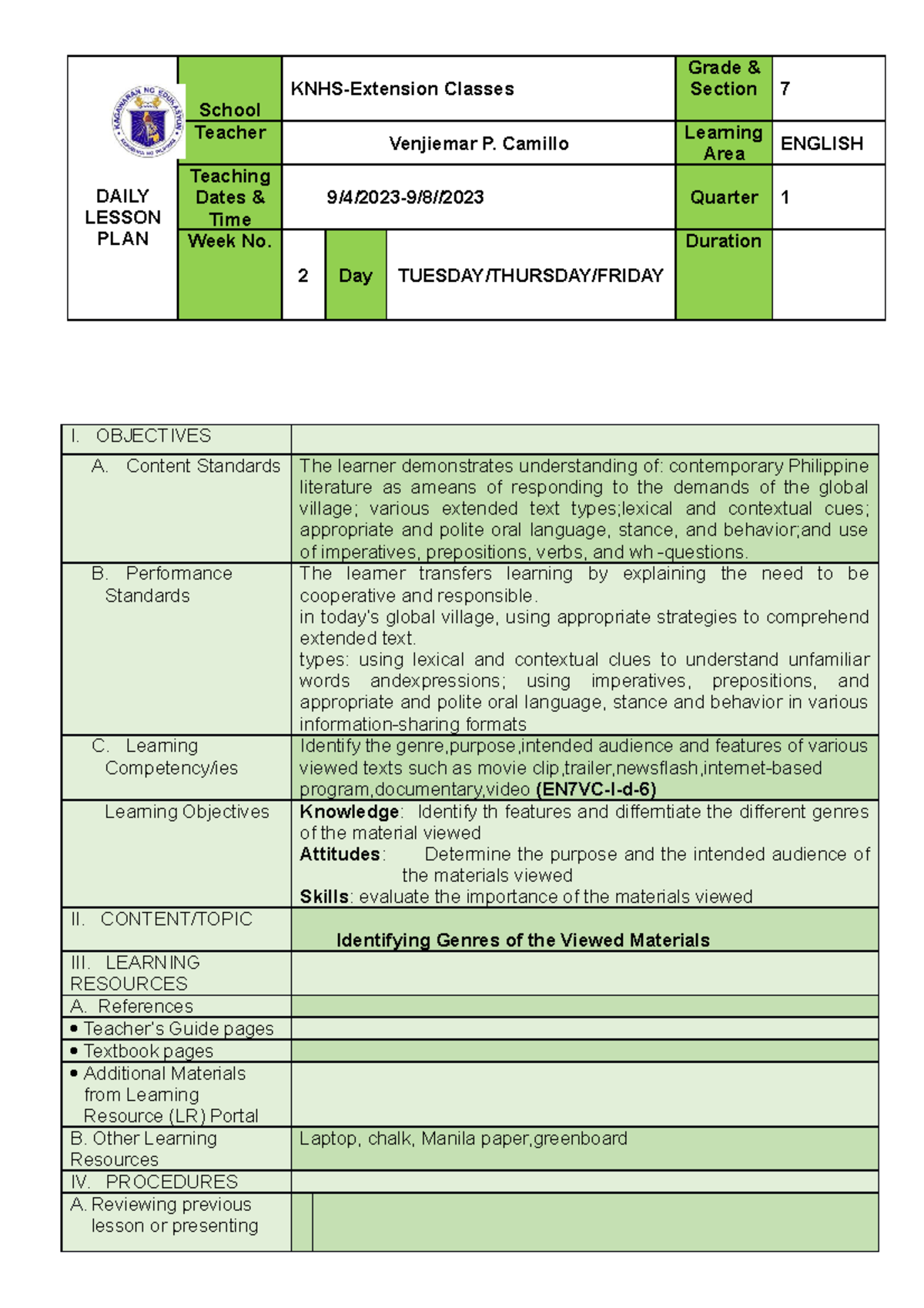 English 7,week 2 - notes - DAILY LESSON PLAN School KNHS-Extension ...
