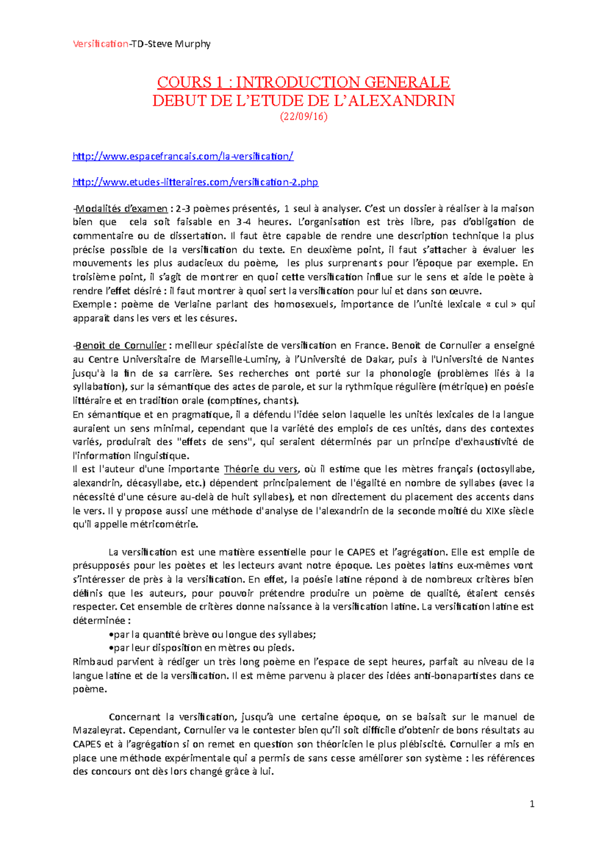 Versification Cours Complet du Semestre 5 - COURS 1 : INTRODUCTION ...