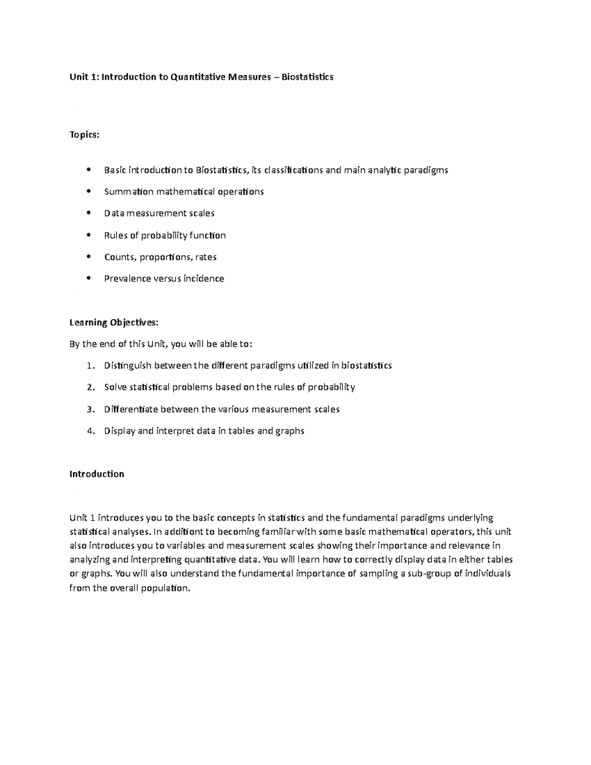 Unit 1 Biostatistics Learning Guide - Unit 1: Introduction to Quantitative Measures ...