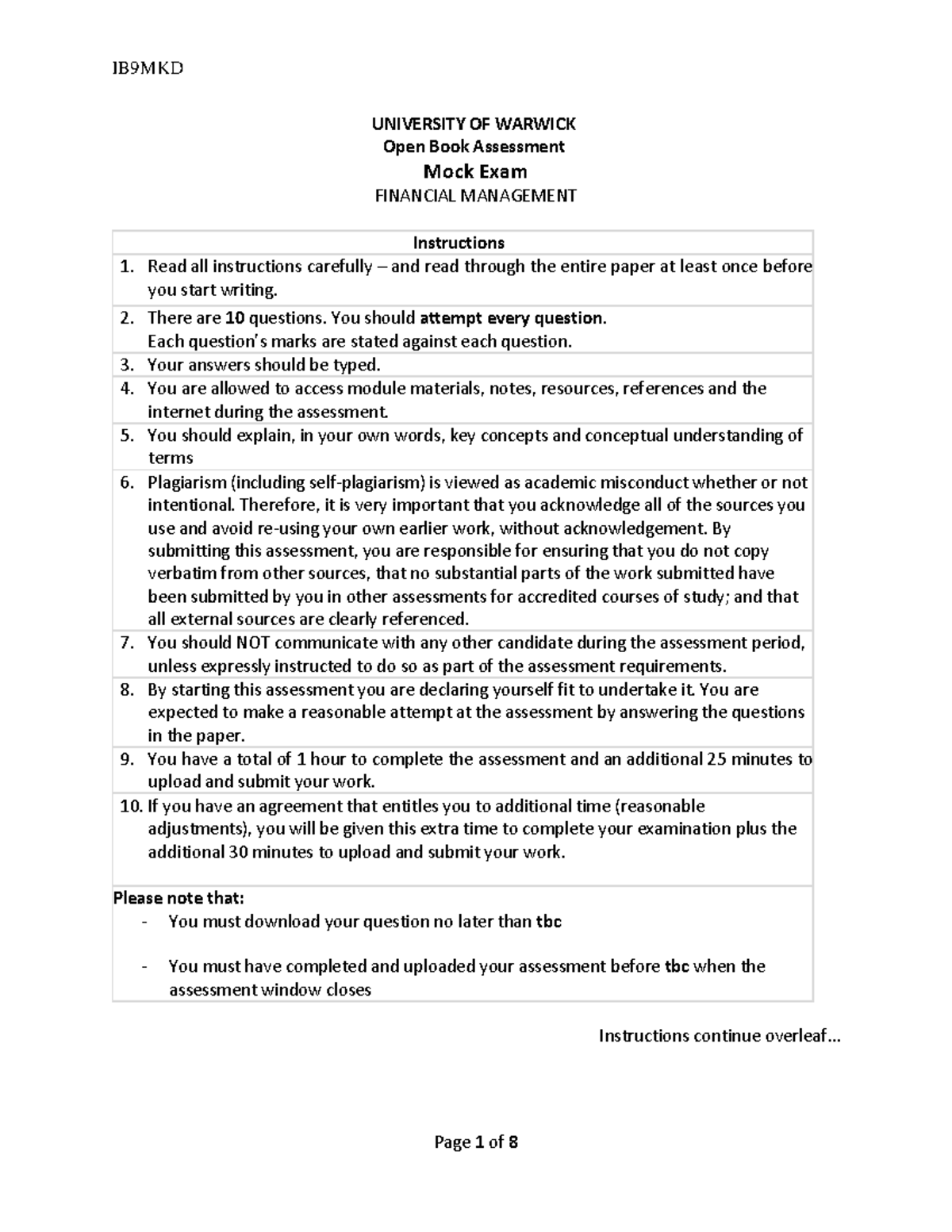FM IB9MKD - UNIVERSITY OF WARWICK Open Book Assessment Mock Exam ...