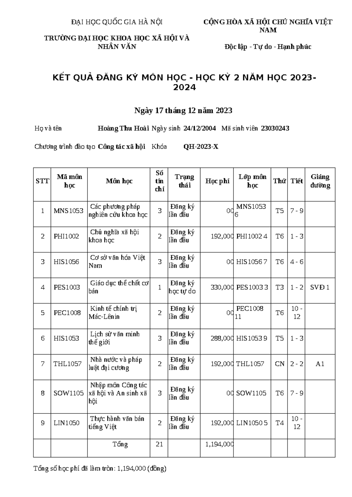 Ket qua dang ky mon hoc - Ketquadangky - ĐẠI HỌC QUỐC GIA HÀ NỘI TRƯỜNG ĐẠI HỌC KHOA HỌC XÃ HỘI ...