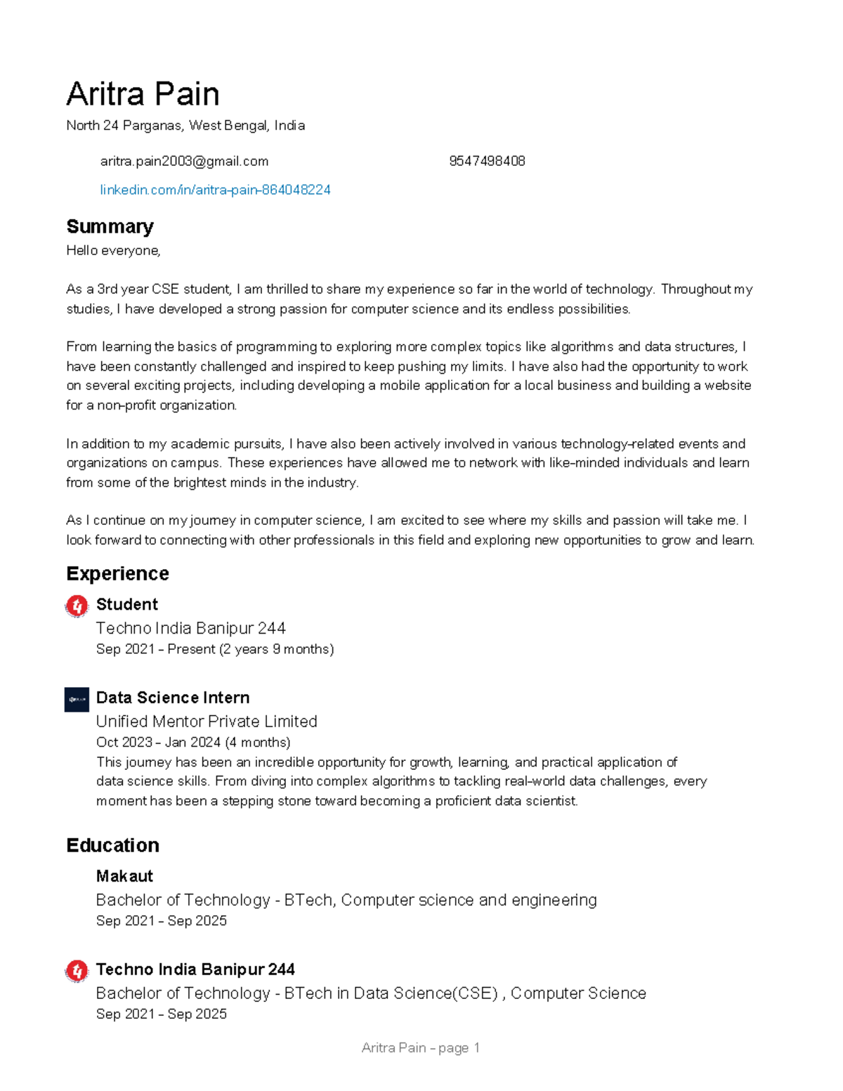 Resume-Aritra-Pain - vnvnvjvvmmb - Aritra Pain North 24 Parganas, West ...