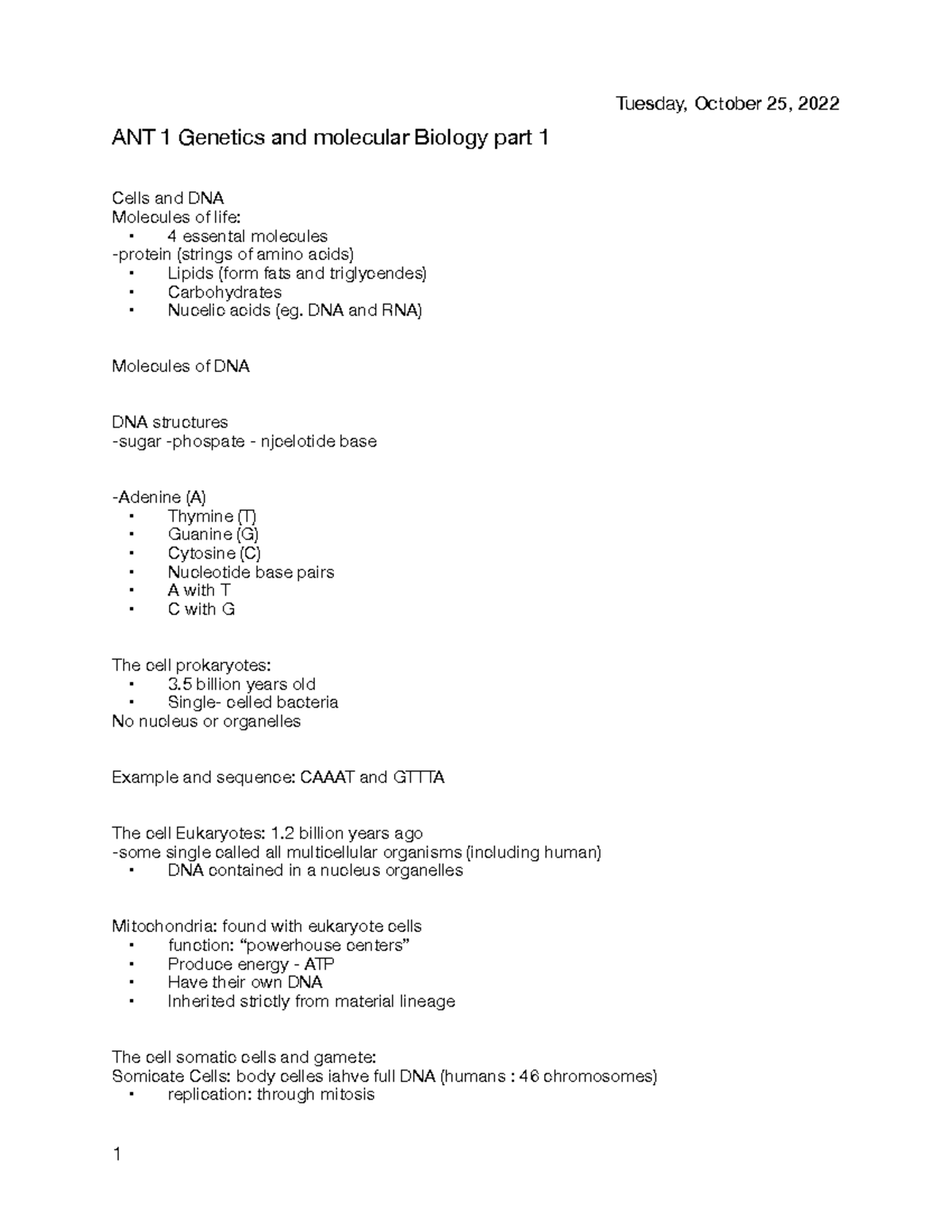 ANT-1 notes 3 - Tuesday, October 25, 2022 ANT 1 Genetics and molecular ...