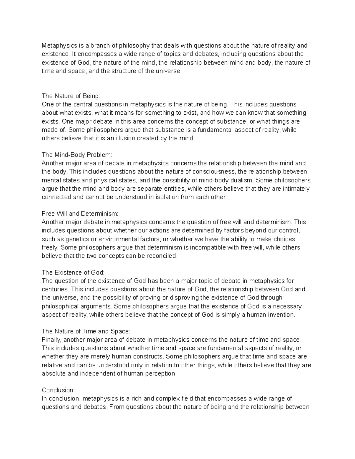 Major Metaphysical Questions and Debates - Metaphysics is a branch of ...