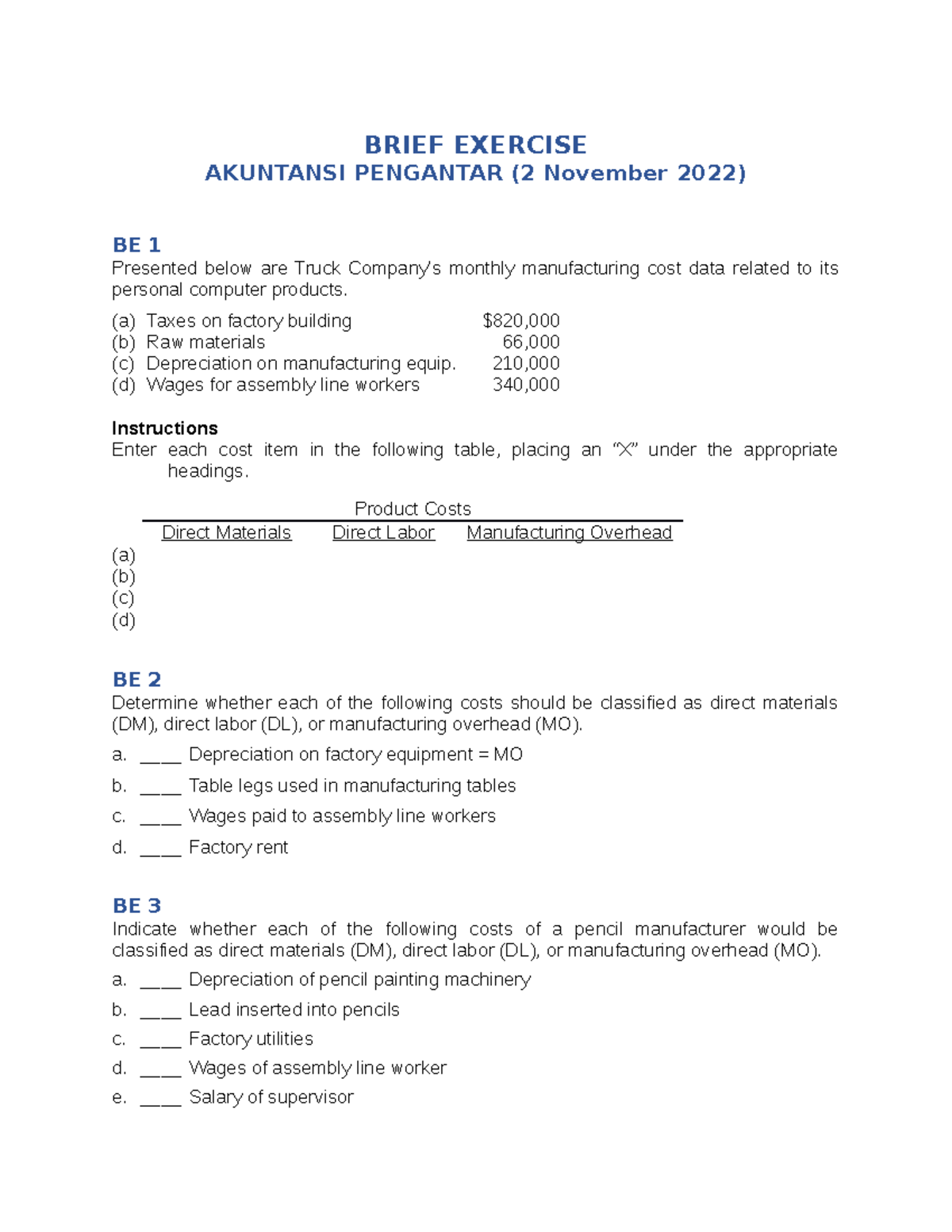 Brief Exercise 2 November - BRIEF EXERCISE AKUNTANSI PENGANTAR (2 ...