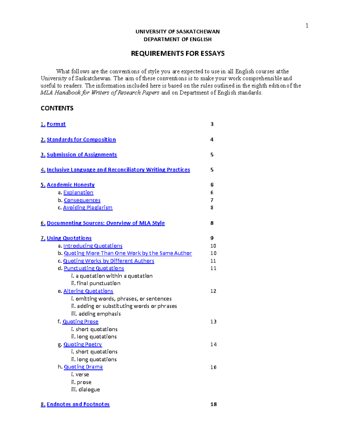 Essay requirements - 1 UNIVERSITY OF SASKATCHEWAN DEPARTMENT OF ENGLISH ...