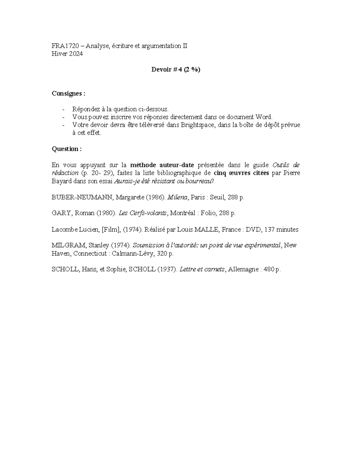Devoir 4 semaine 10 (1) - Homework - FRA1720 – Analyse, écriture et argumentation II Hiver 2024 ...