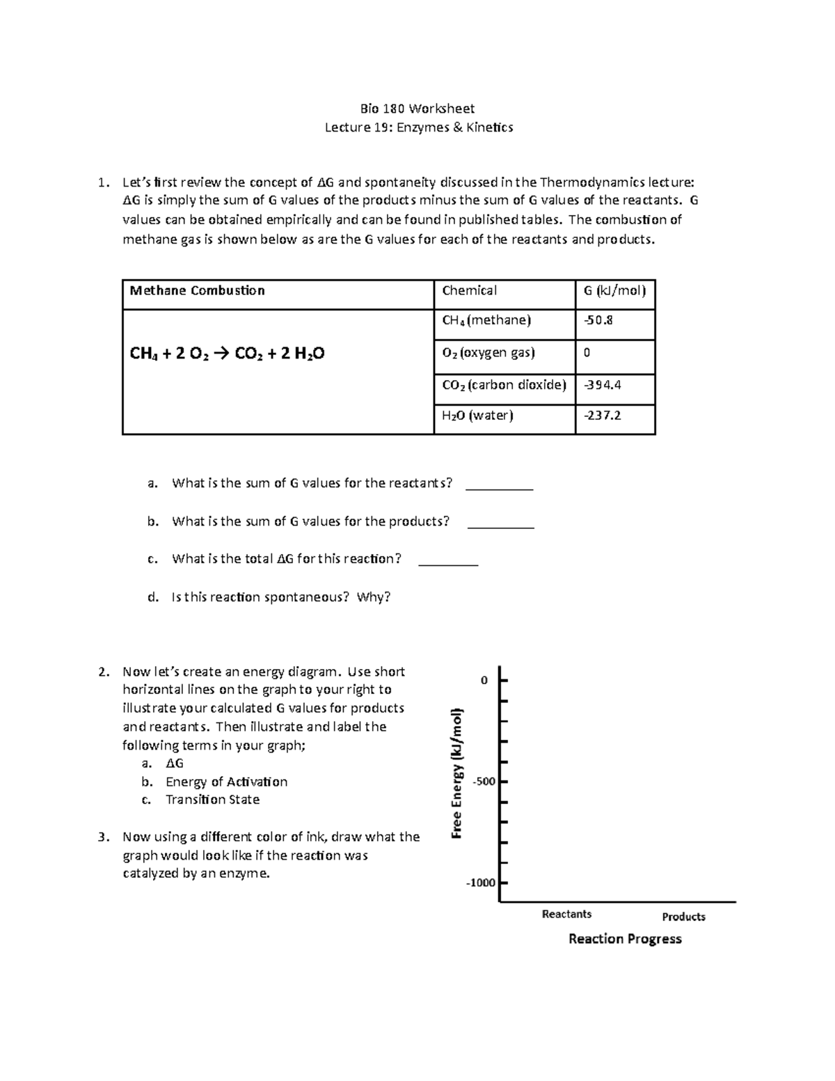 Topic Worksheet - Bio 180 Worksheet Lecture 19: Enzymes & Kinetics Let ...