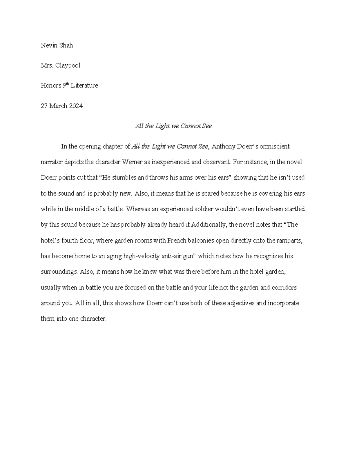 All the light we cannot see - Copy - Nevin Shah Mrs. Claypool Honors ...