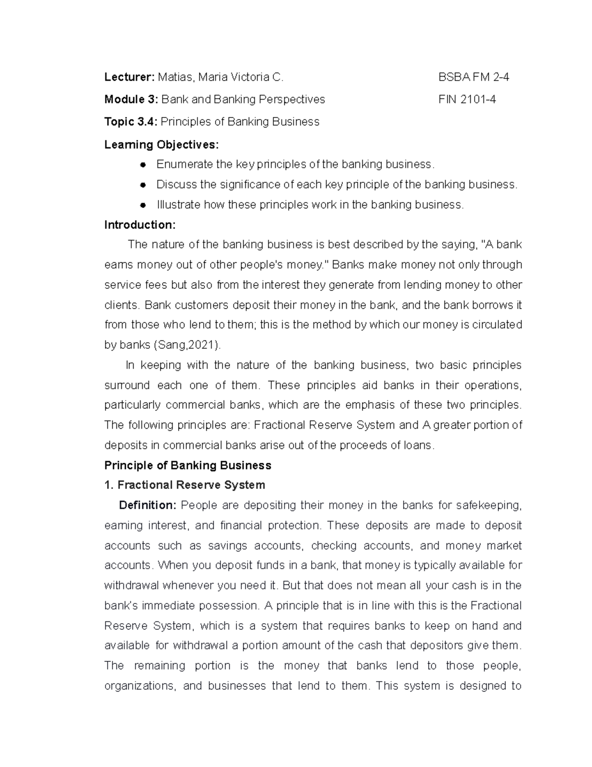 Module 3.4 Principles of Banking Business - Lecturer: Matias, Maria ...
