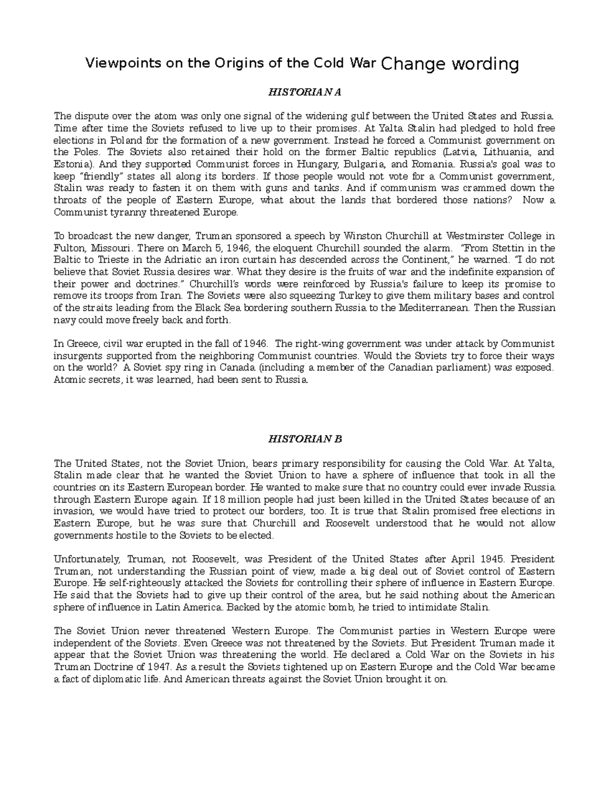 Copy of Origins of the Cold War - Viewpoints on the Origins of the Cold ...