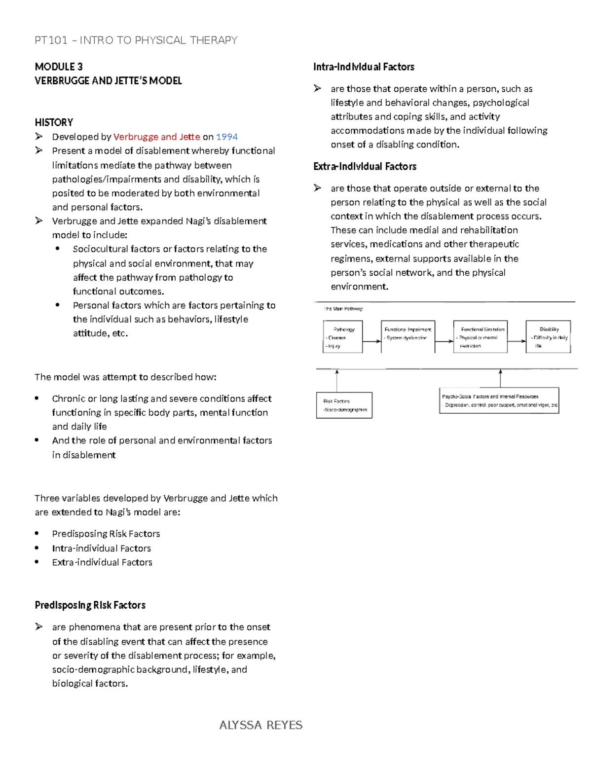 Verbrugge AND Jette Model Reviewer - PT101 – INTRO TO PHYSICAL THERAPY ...
