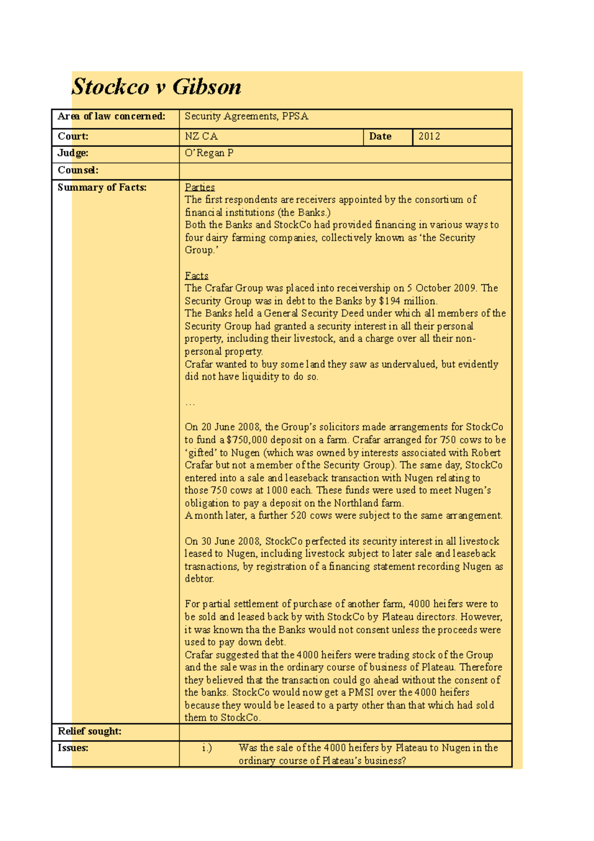 Stockco v Gibson - Detailed case brief, including paragraph/page ...