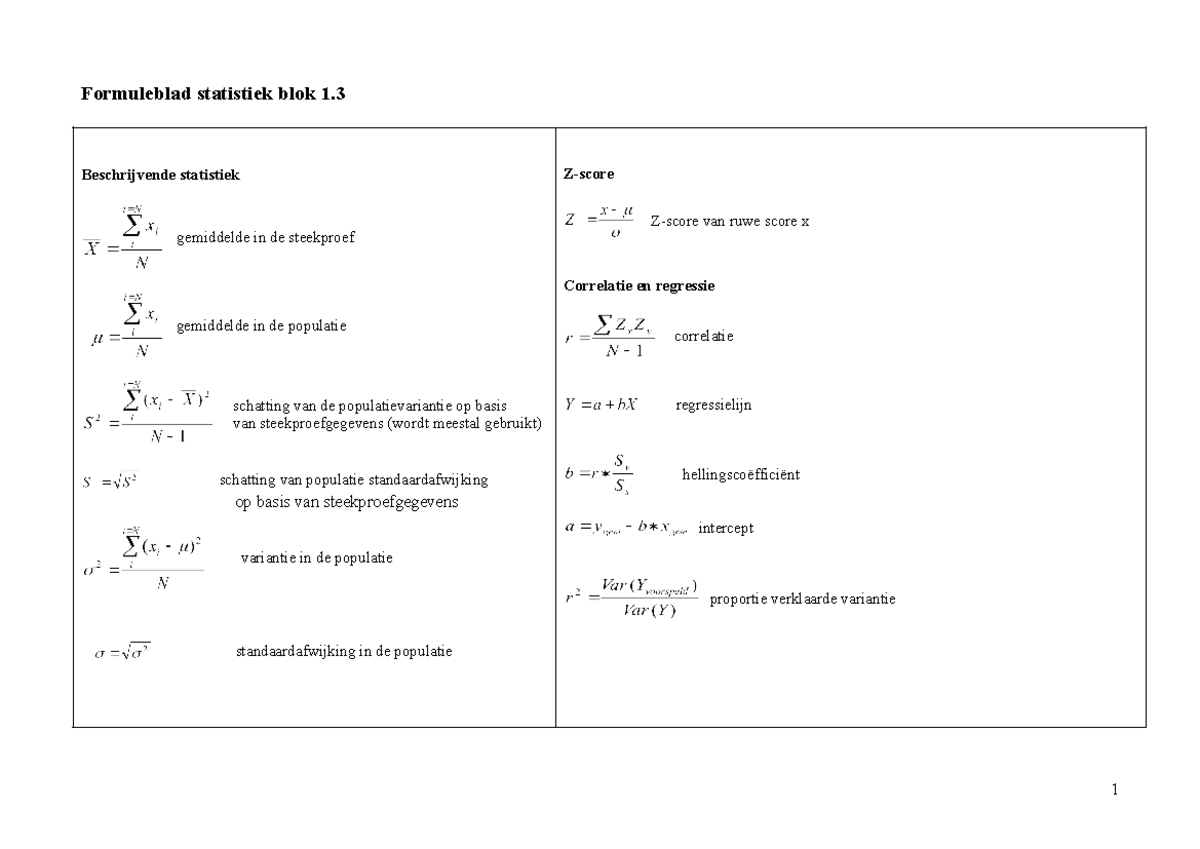 Formuleblad - Beschrijvende statistiek gemiddelde in de steekproef ...