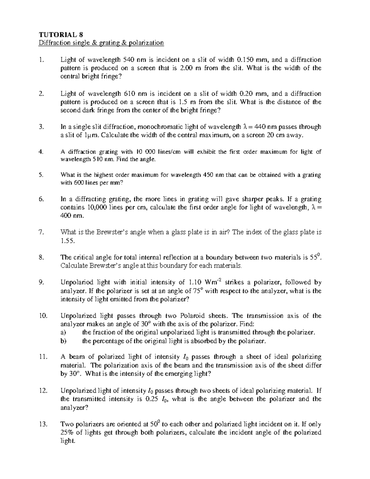 8. Tutorial 8(Diffraction single & grating & polarization) - TUTORIAL 8 Diffraction single ...