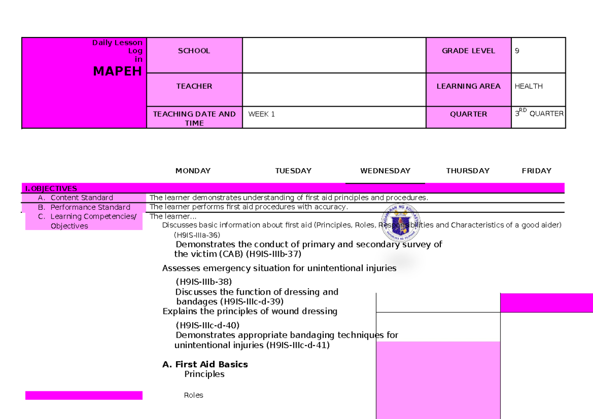 Q3- Health DLL WK1 - COT PLAN - Daily Lesson Log SCHOOL GRADE LEVEL 9 in MAPEH TEACHER LEARNING ...