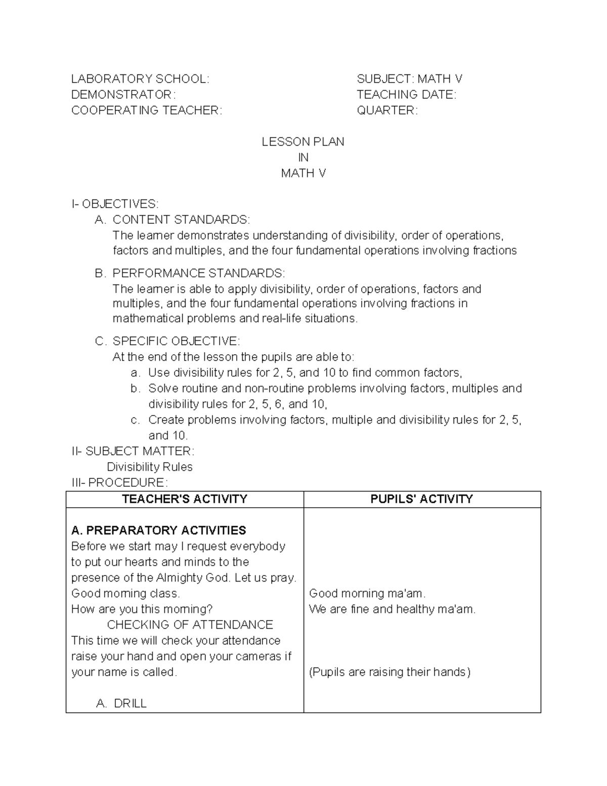 Pacin MATH - none - LABORATORY SCHOOL: SUBJECT: MATH V DEMONSTRATOR ...