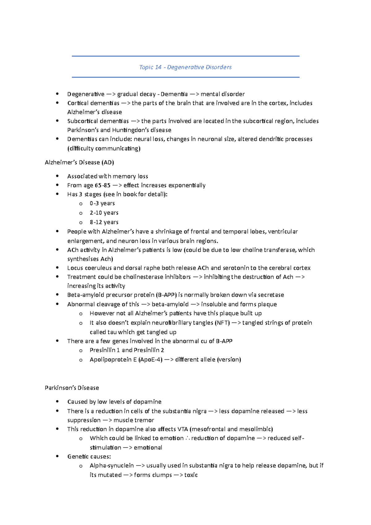 Topic 14 - Lecture notes 14 - Topic 14 - Degenerative Disorders ...