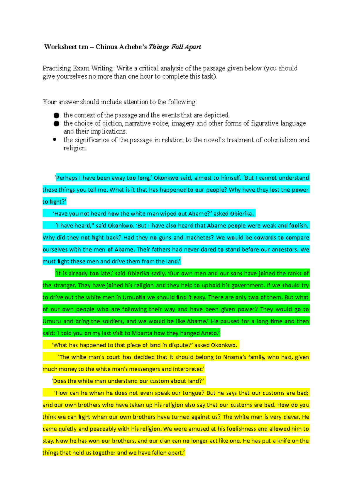 Worksheet TEN Things Fall Apart - Worksheet ten – Chinua Achebe’s ...