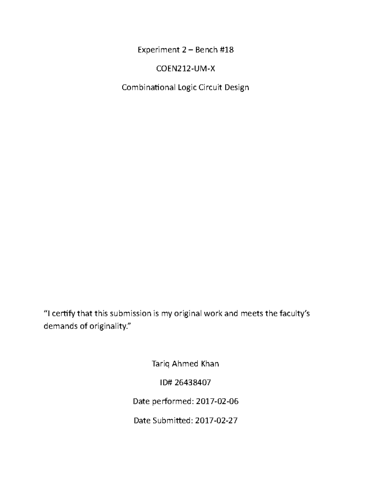 Experiment 2 COEN 212 - Experiment 2 – Bench COEN212-UM-X Combinational Logic Circuit Design “I ...
