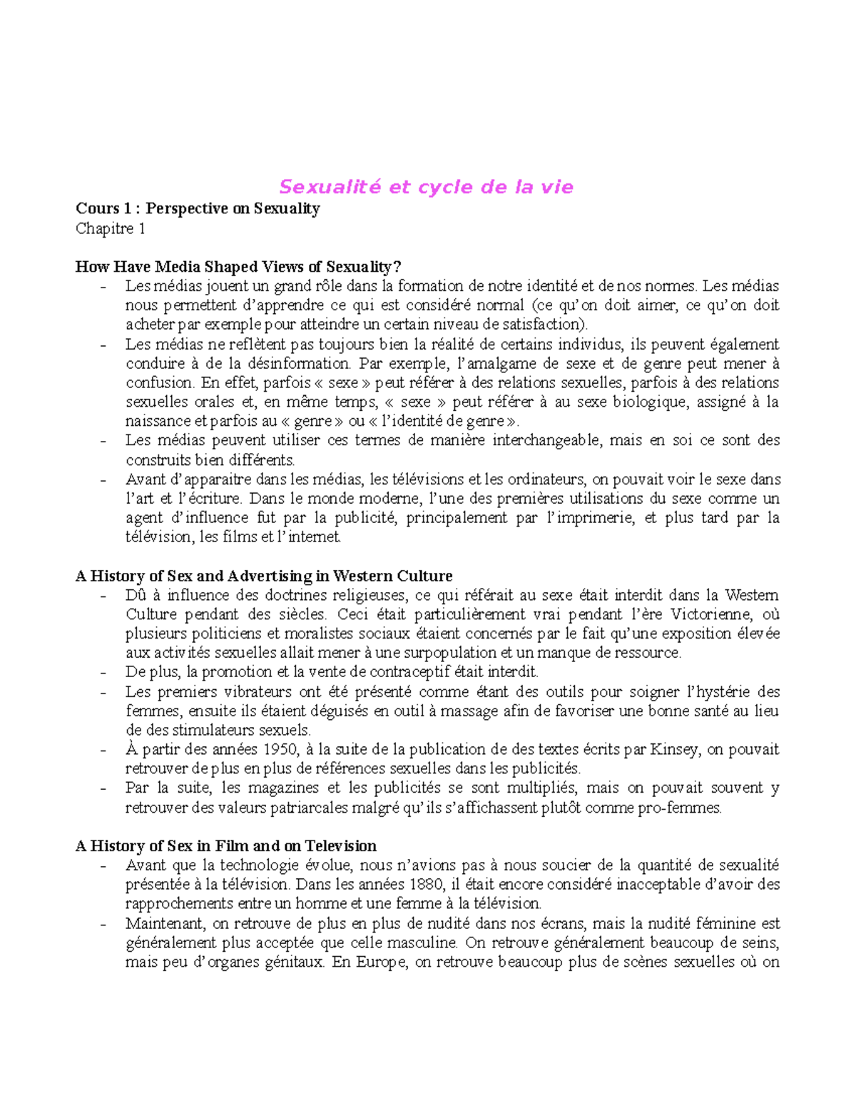 Notes De Lecture Sexualité Et Cycle De La Vie Cours 1 Perspective On Sexuality Chapitre 1 