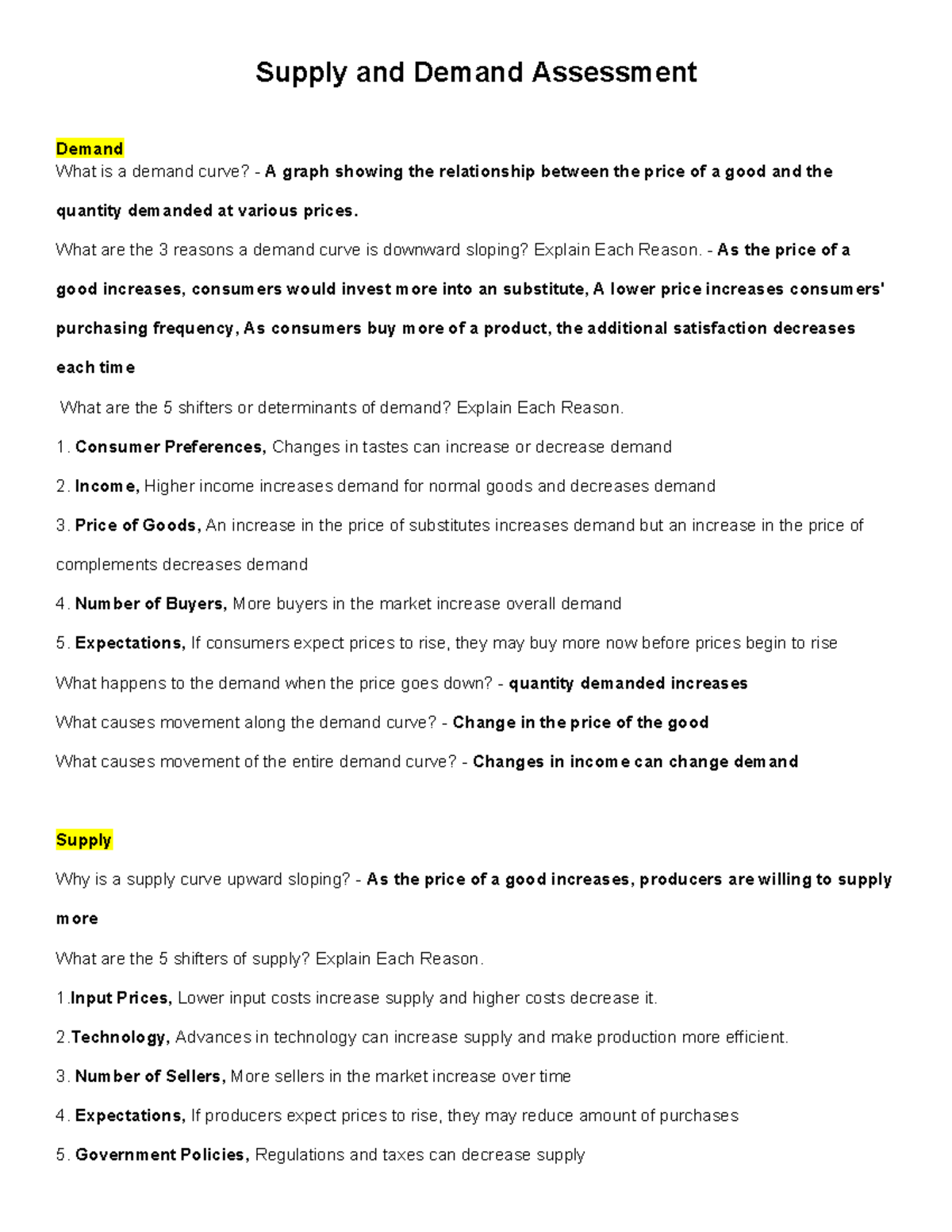 Supplyand Demand Worksheet - Supply and Demand Assessment Demand What ...