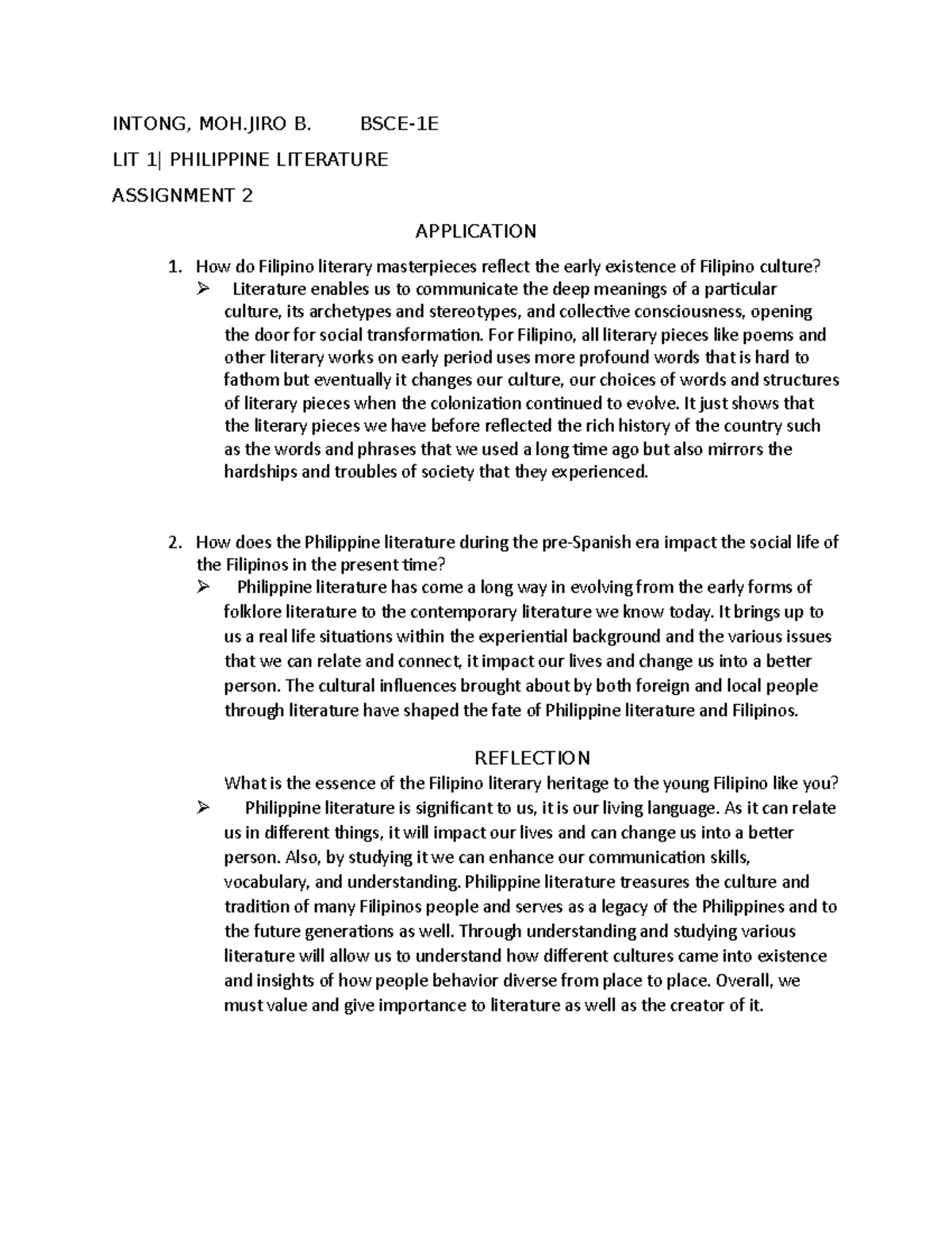 LIT 1- Assignment 2 - NOTE - Education - Studocu