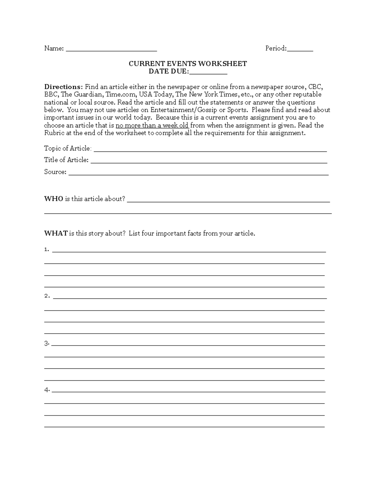 Current events worksheet - Name: _____________________ Period ...