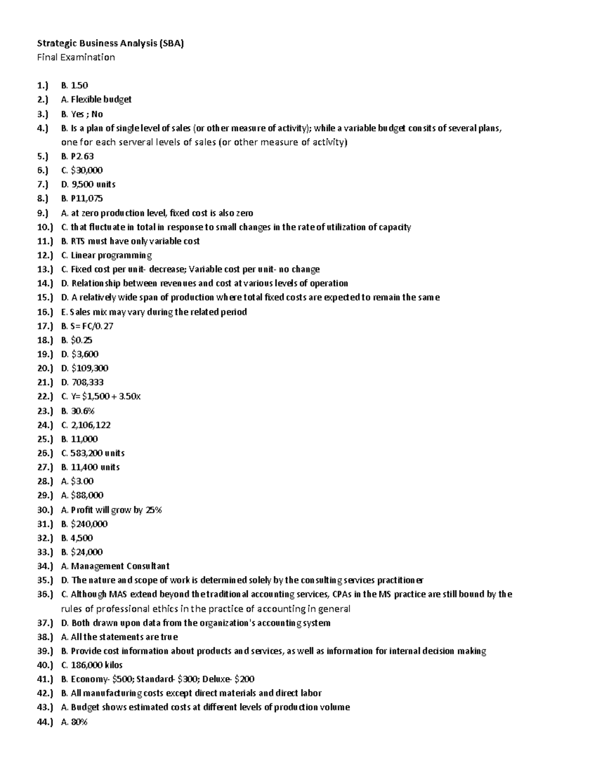 SBA-Finals-reviewer - sba - Strategic Business Analysis (SBA) Final Examination 1.) B. 1. 2.) A ...
