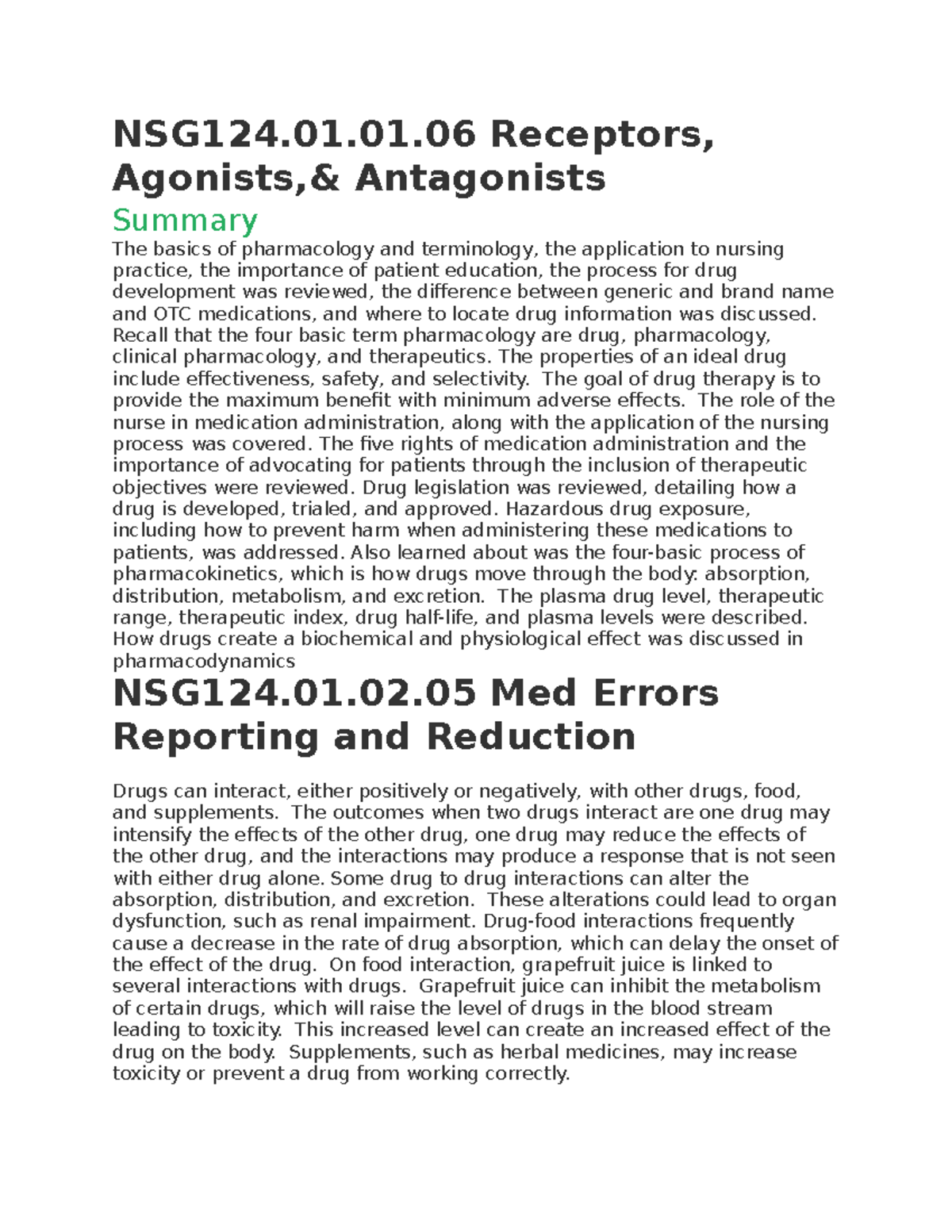 Module 1 summart - realize it summaries - NSG124.01.01 Receptors ...