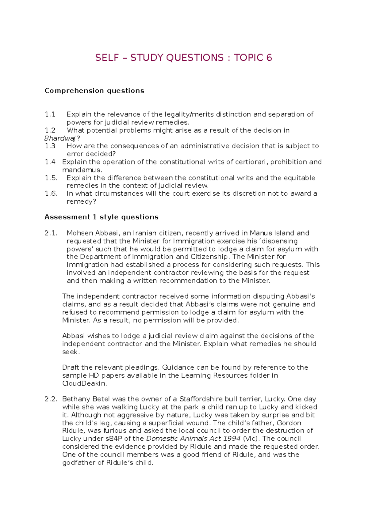 Self-study questions Topic 6 - Consequences of Unlawful Action - SELF ...