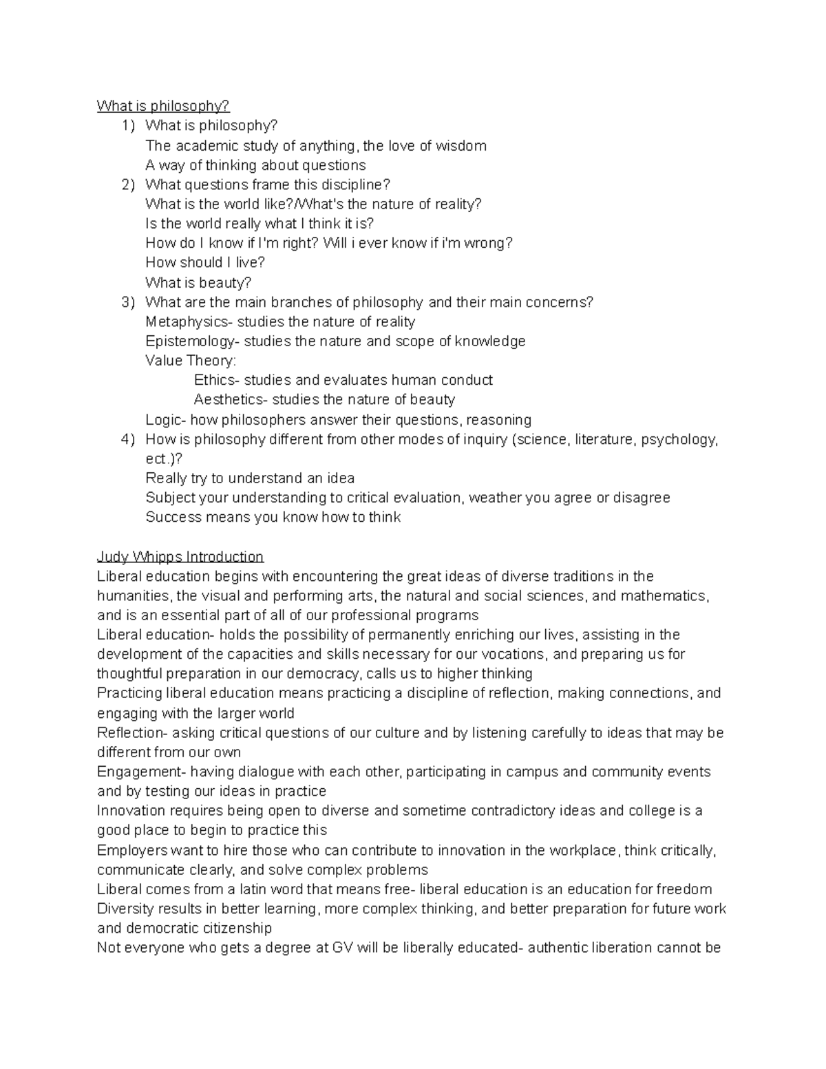 INT Week 2 Notes - What is philosophy? 1) What is philosophy? The ...