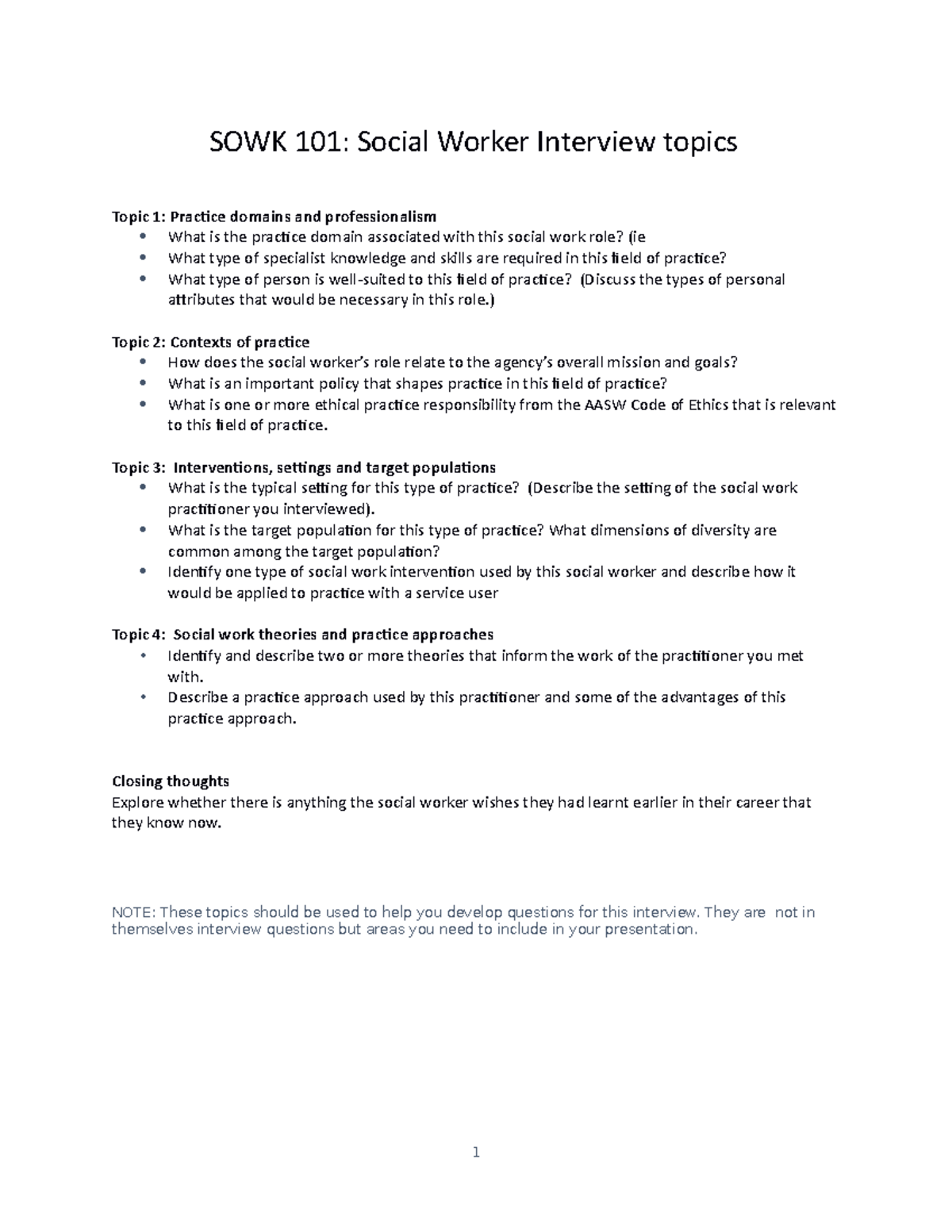 SOWK101 Assessment 4 Topic areas for interview - SOWK 101: Social ...